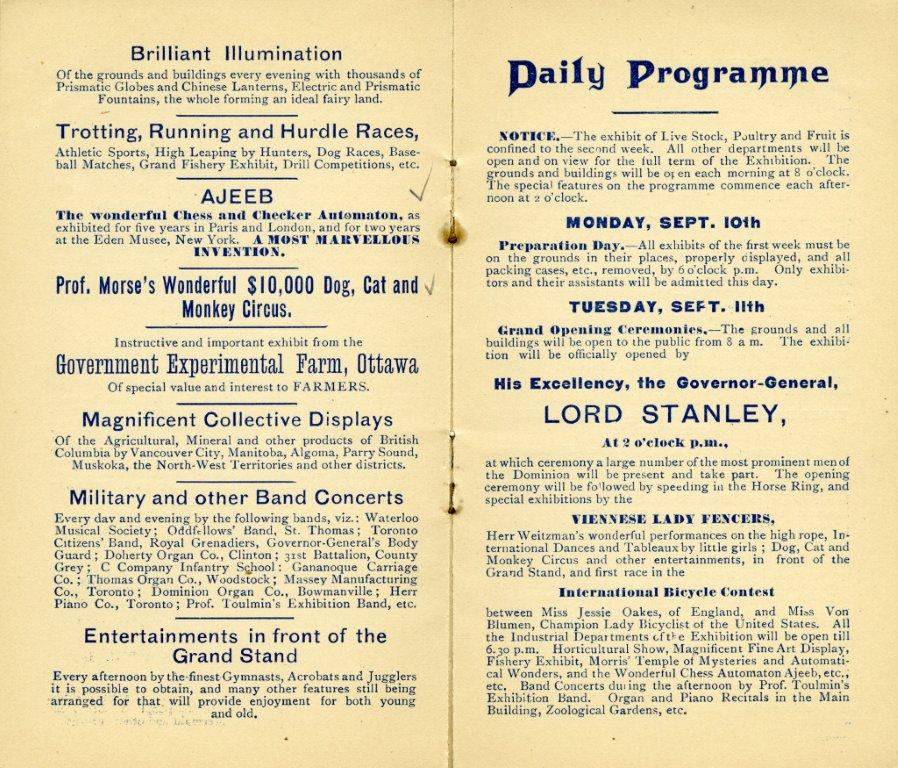 Entertainment featured in 1888 Programme – CNE Heritage